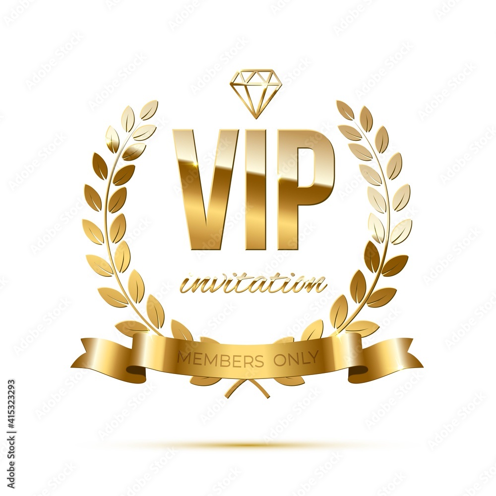 Golden vip invitation to event with laurel and ribbon. Gold shining ...