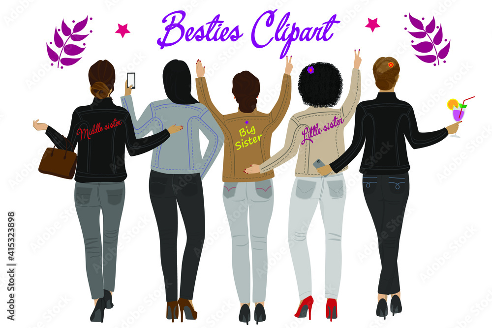 Best friends clipart Girls back view Custom girls Stock Vector | Adobe ...