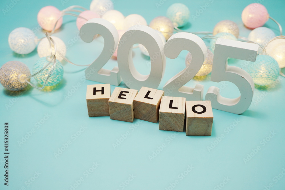 Hello 2025 alphabet letters with space copy on blue background Stock ...