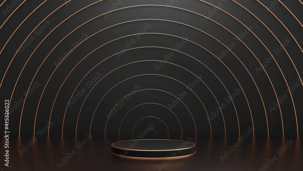 3D animation of a black catwalk with gold geometric decoration-rings ...