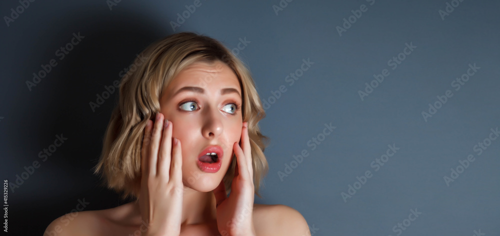 Advertising concept of surprise and fear. Close-up portrait pretty ...