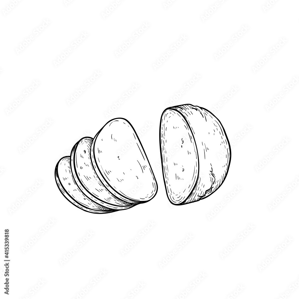 Mozzarella cheese sliced. Top view. Hand drawn sketch style drawing of ...