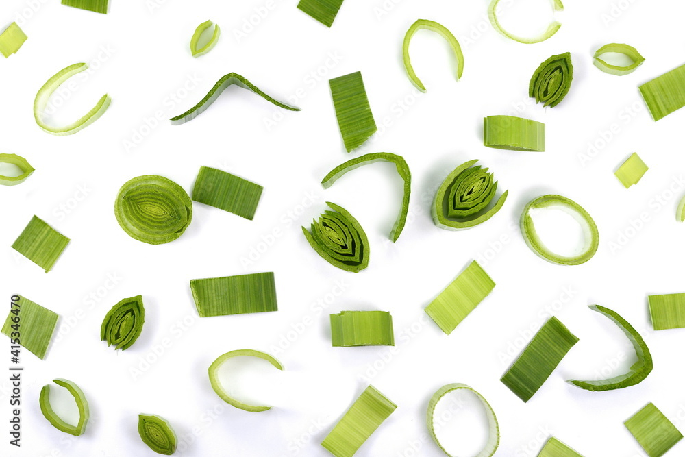 Natural fresh cutted leeks isolated on white background. Closeup of ...