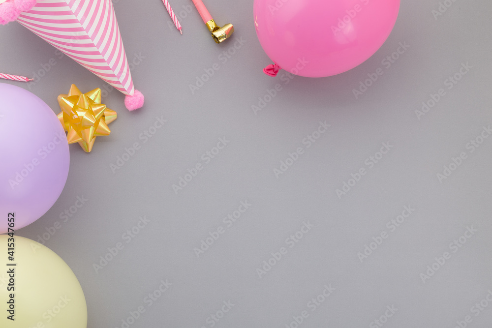 Happy birthday background, Flat lay colorful party decoration on pastel ...