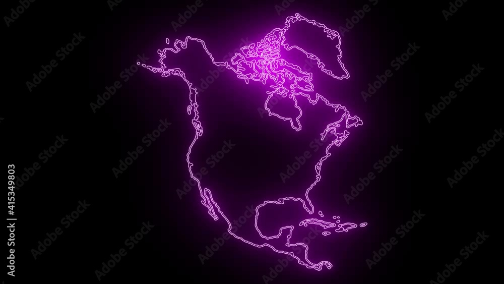 Neon Map of north America , north America outline, Animated close up ...