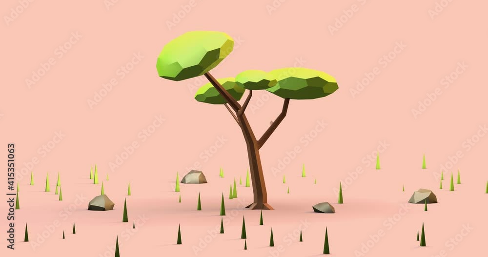 Low poly 3d animation of a tree in sunset or dawn light. 4k resolution ...