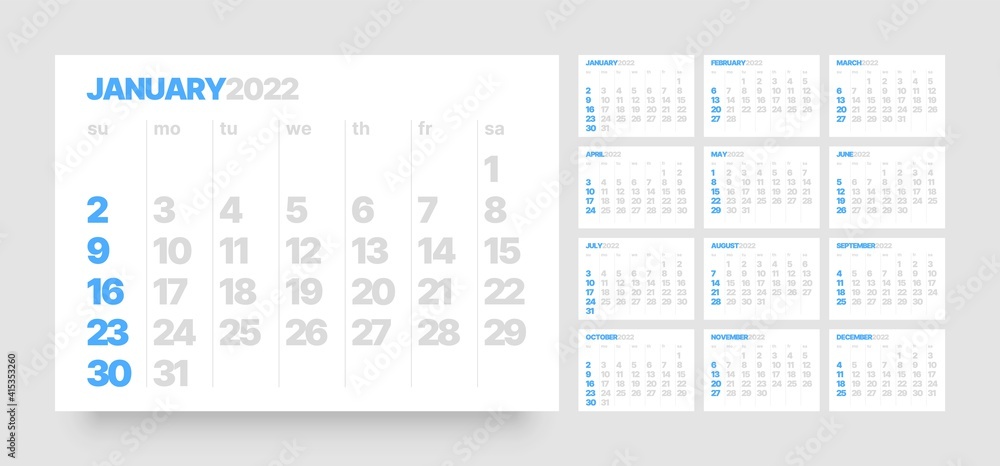 Monthly calendar template for 2022 year. Week Starts on Sunday. Wall ...