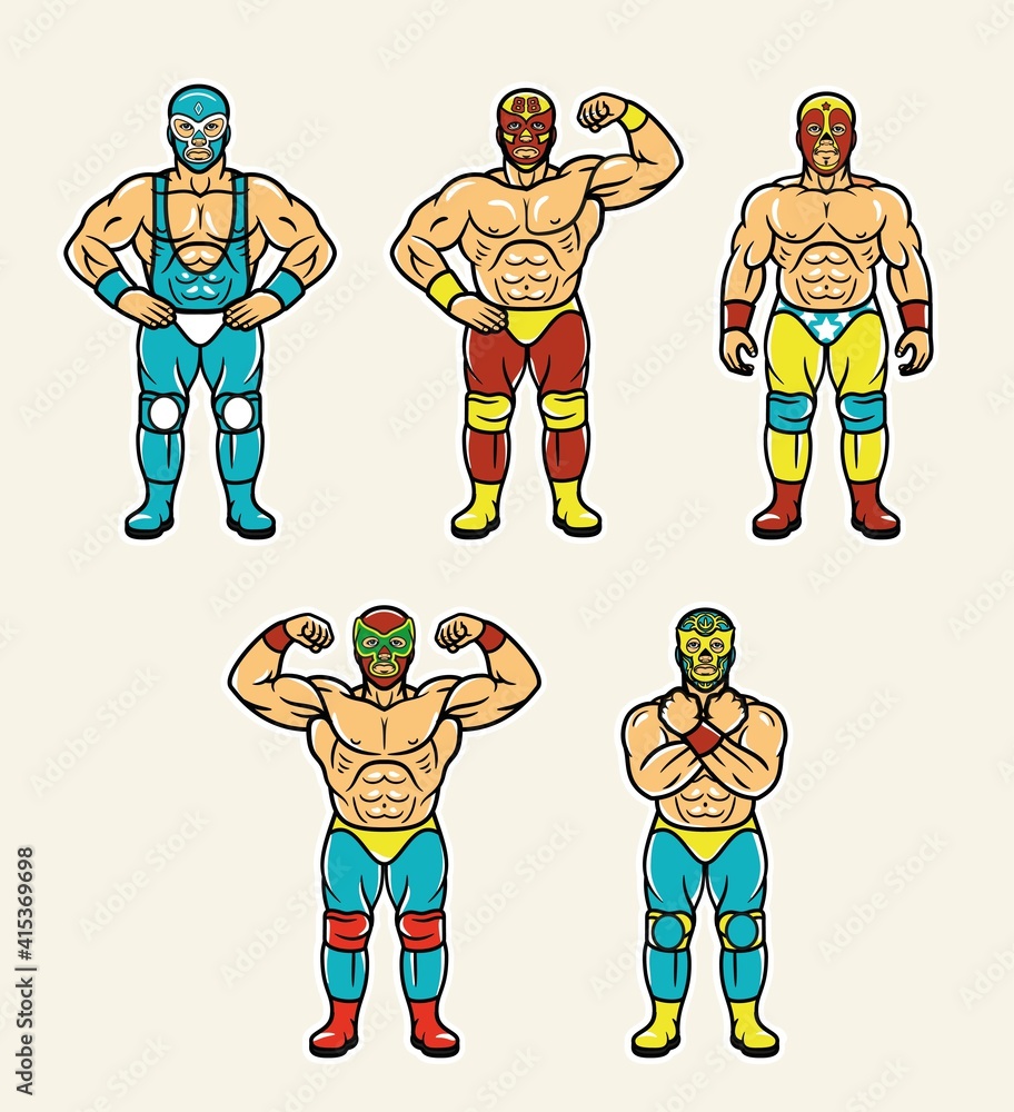 Lucha Libre Characters. Mexican Wrestler Fighters in Mask. Vector ...
