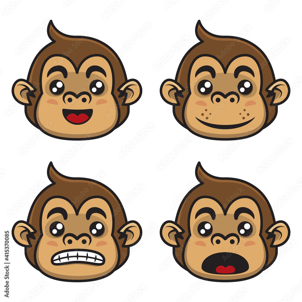Set Of Head Monkey Cartoon Characters with facial expression like happy ...