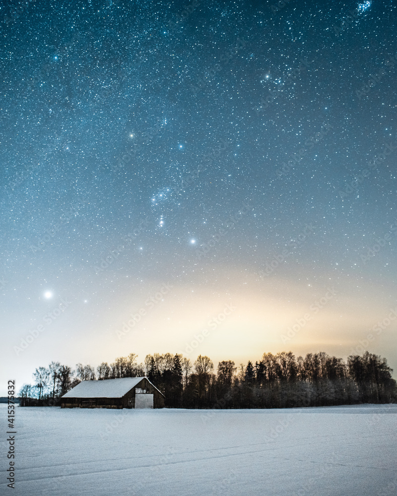 Winter astrophotography with snow. Milky way in the night sky. Starry ...