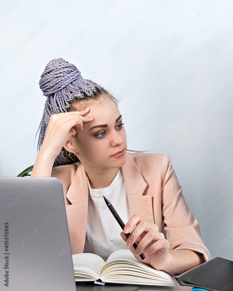 Office work, tired, overworking. Portrait of tired young modern woman ...