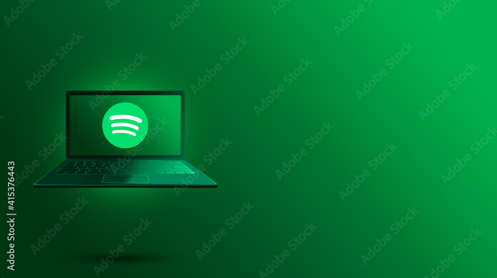 Spotify logo on laptop screen 3d rendering. Technology device computer ...