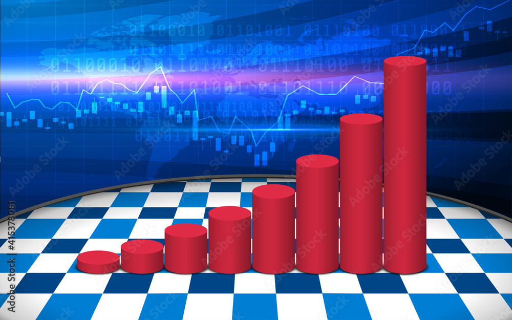 red bar chart graph diagram with led screen background in studio room ...
