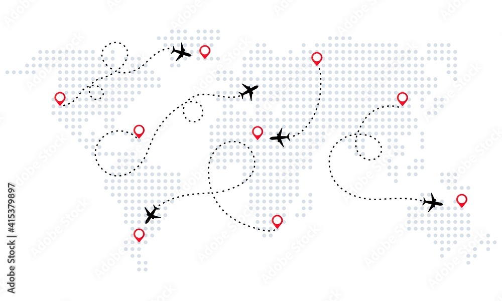 Airplane is in dotted line. World map. World map of airline airplane ...