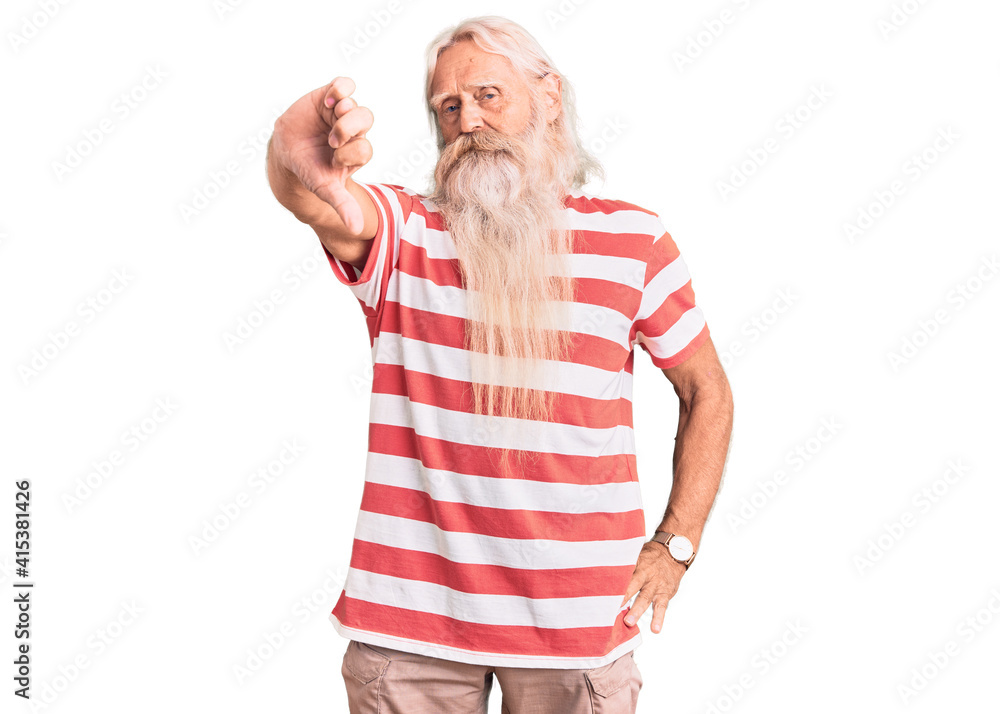 Old senior man with grey hair and long beard wearing striped tshirt ...