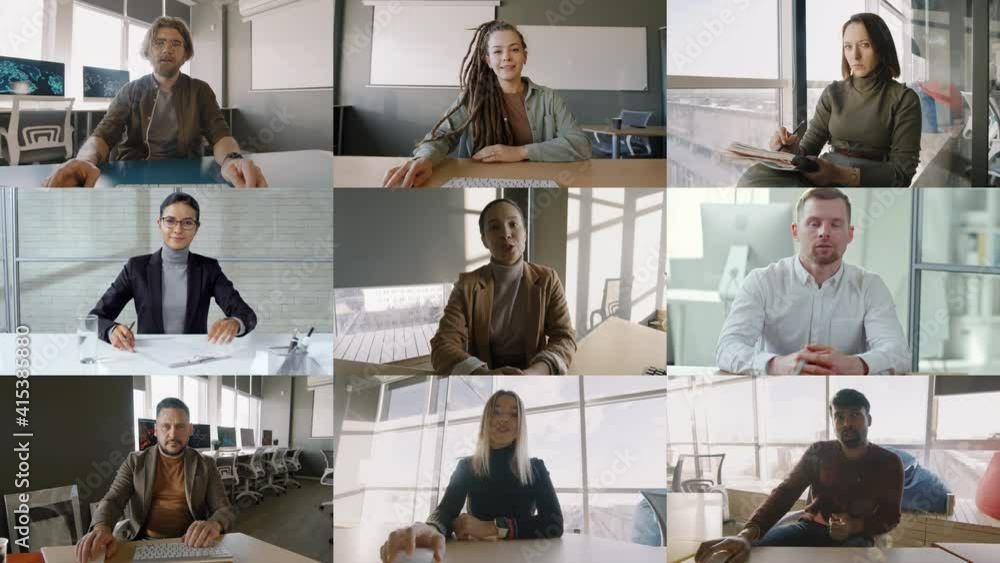 Split screen of team of businesspeople sitting in their offices and ...