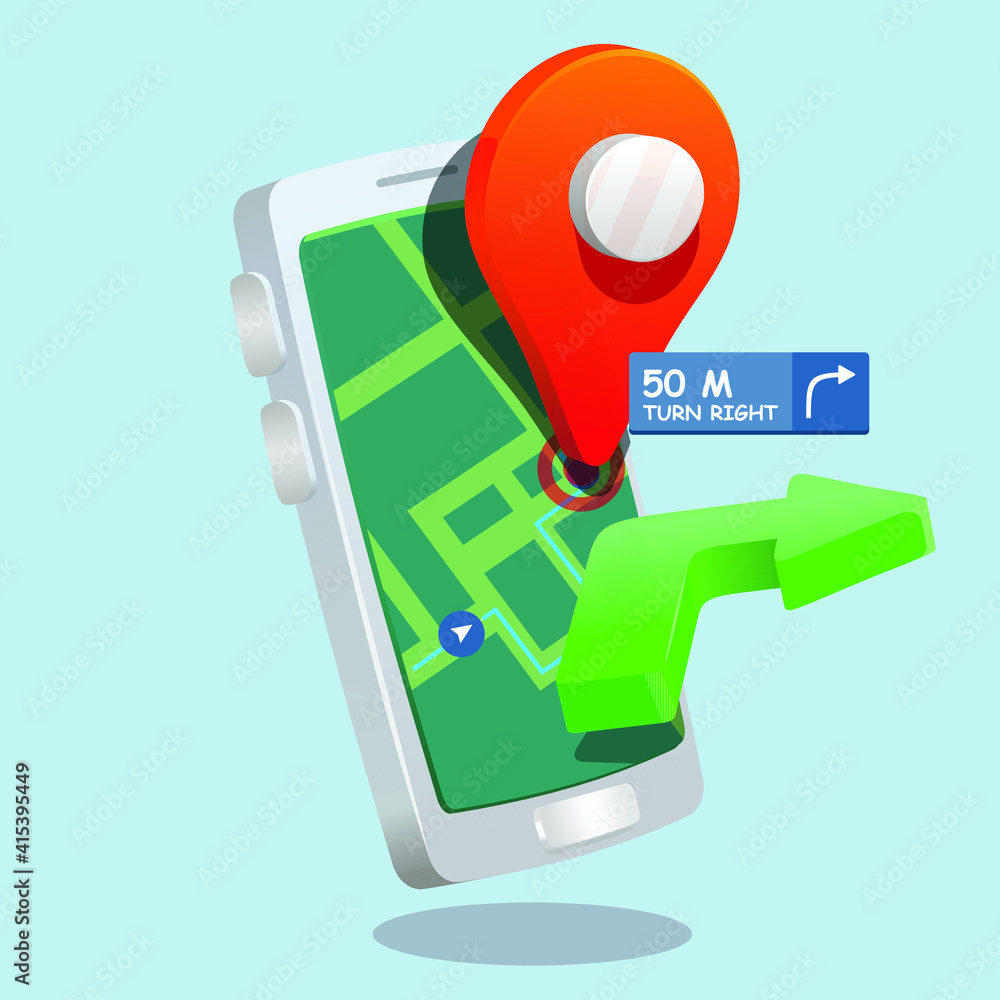 route direction with arrow and pin location on map. navigation ...