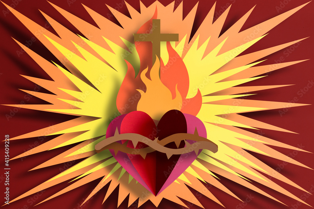 Sacred Heart of Jesus paper cut technique on red back ground,christian ...