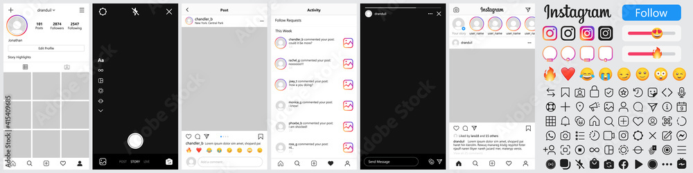 Set of Instagram icons and Instagram template frame for social media ...