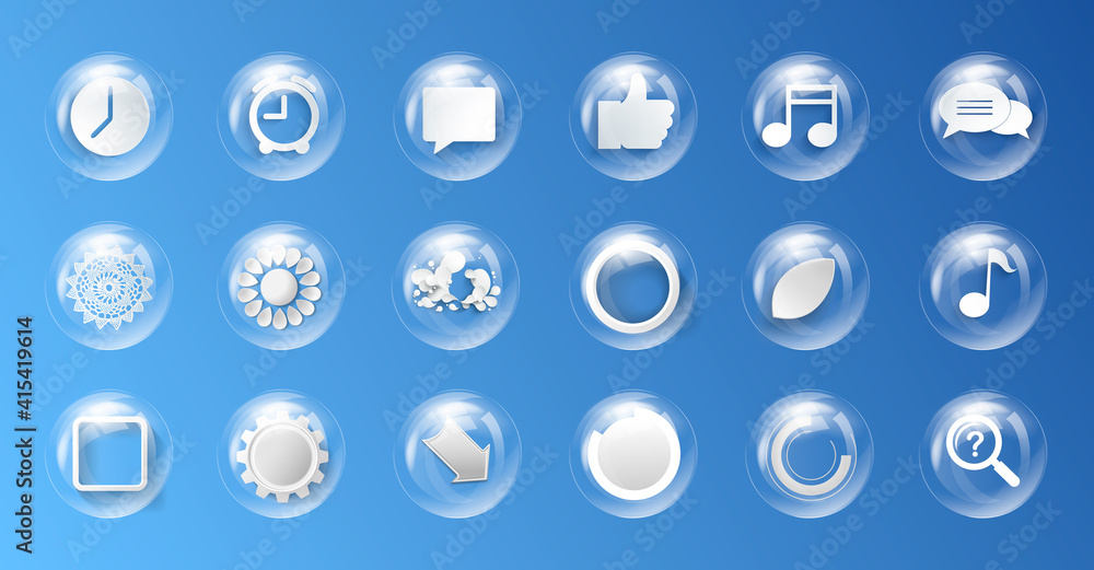 glass balls with different objects, icons in the form of soap bubbles ...
