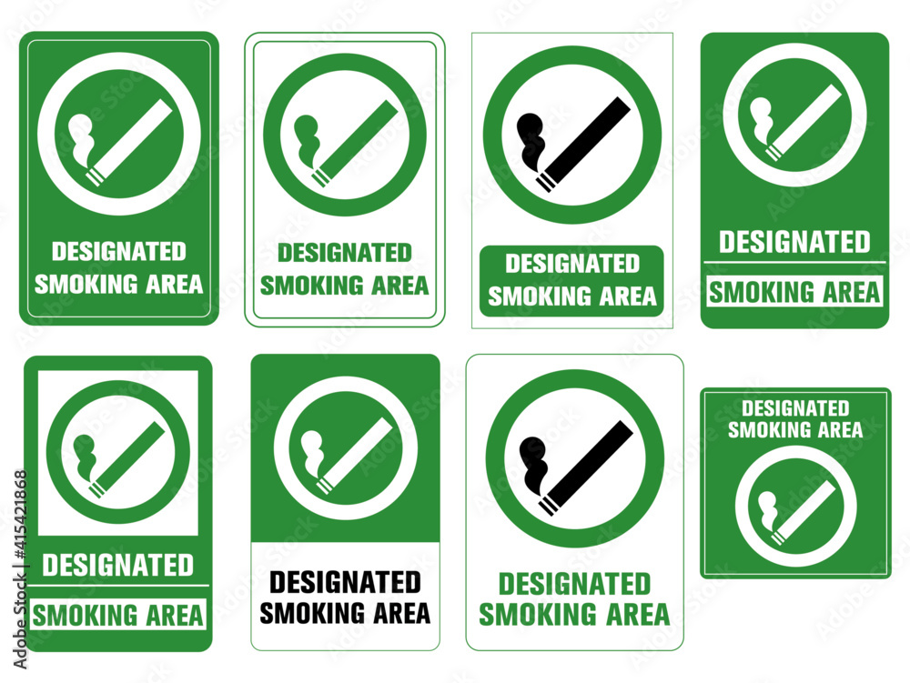 Designated smoking area - green signboard sticker set with public ...