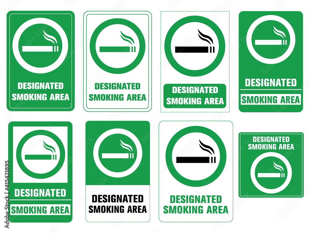 Designated smoking area - green signboard sticker set with public ...