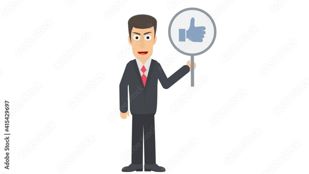 Businessman with a sign in his hands. Like and dislike animation, alpha ...