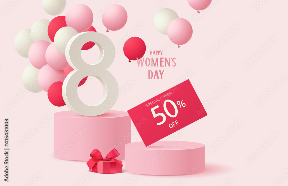 8 March. International Womens Day sales design template. Festive ...