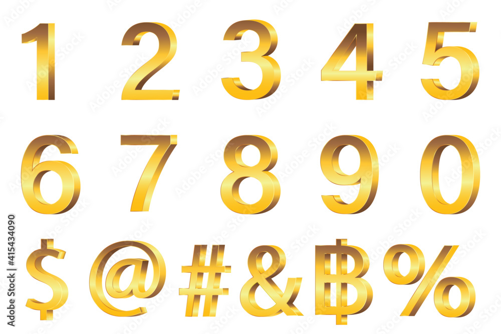 3D illustration set of golden numbers and currency symbols over white ...