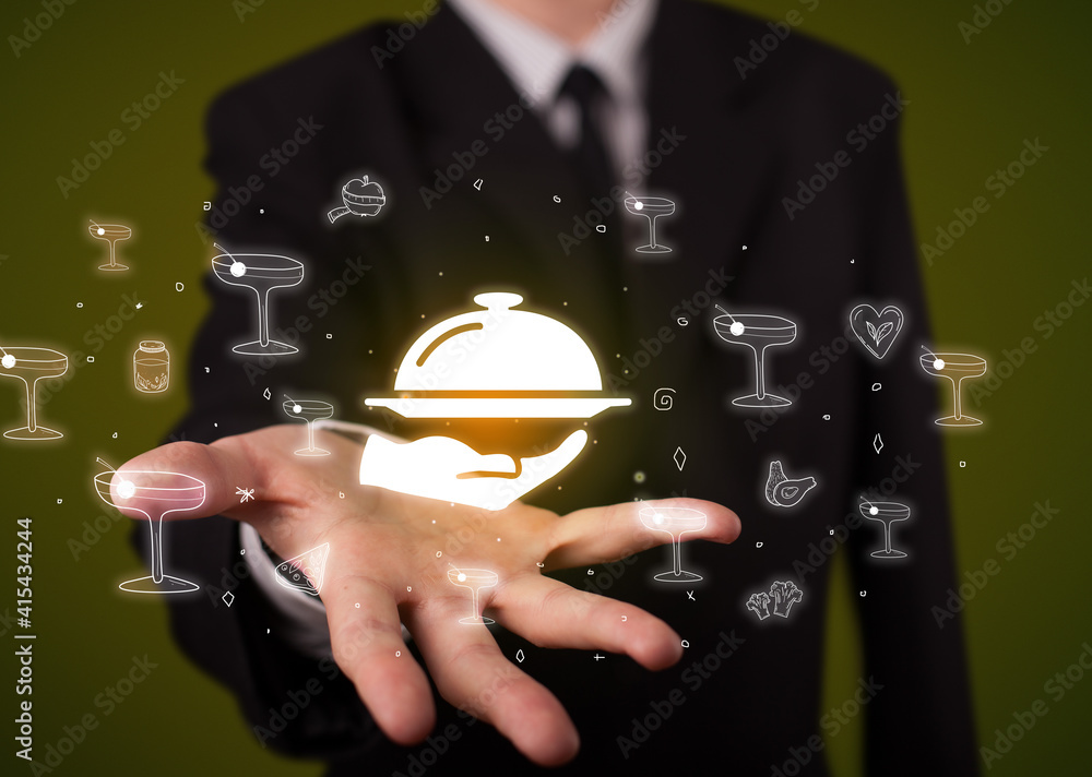 Hand holding food service icon, healthy food delivery concept Stock ...