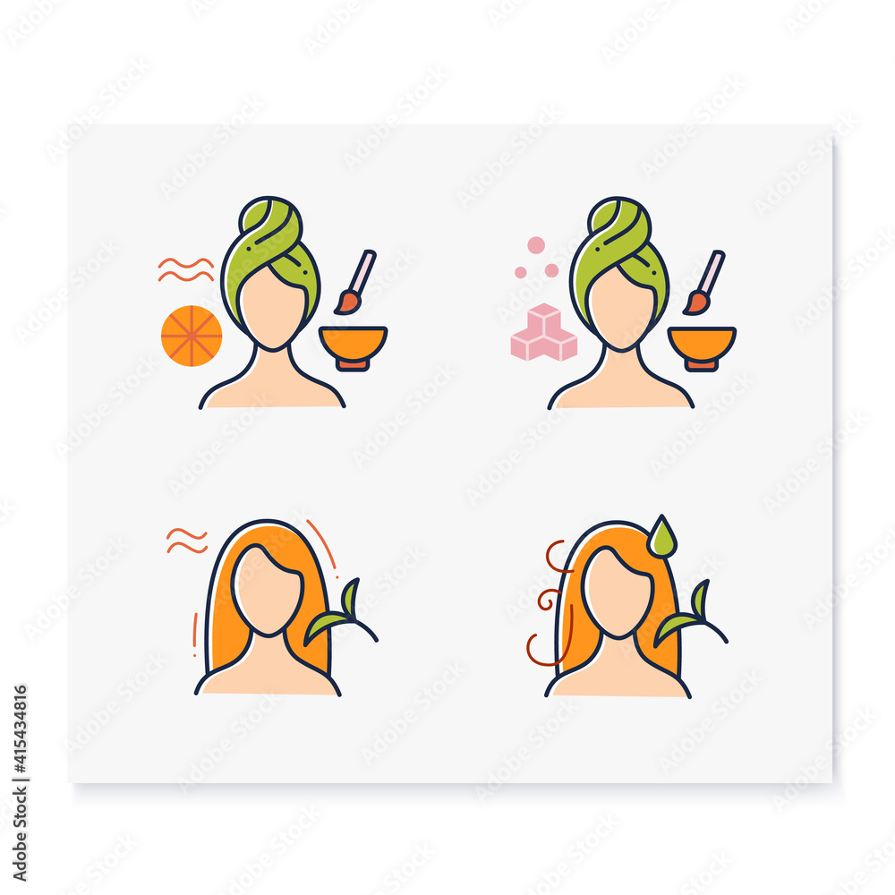 DIY natural skincare color icons set. Consists of facial masks, hair ...