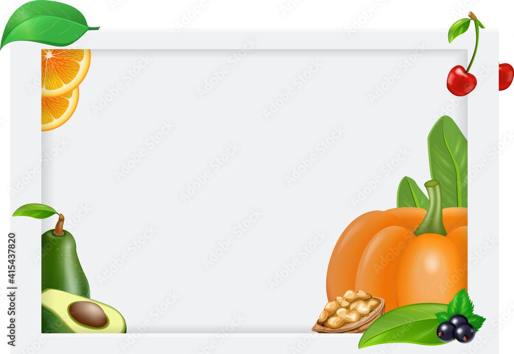 Vector fruits, vegetables and berries flyer banner card template for ...