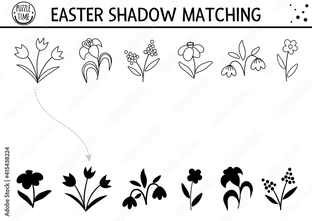Easter black and white shadow matching activity for children. Outline ...