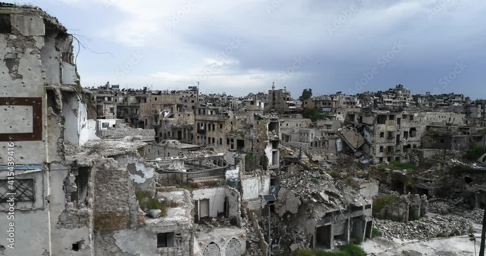 The historic city centre of Aleppo in Syria. We still can see buildings ...
