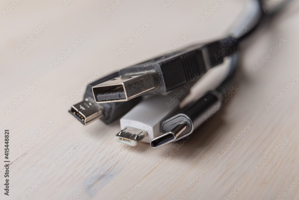 Mini USB, micro USB, and USB type-C connectors, with connecting cables ...