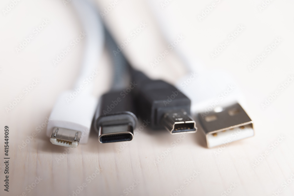Mini USB, micro USB, and USB type-C connectors, with connecting cables ...