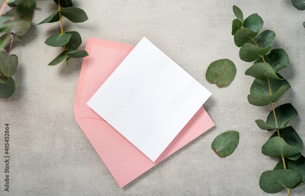 Real photo. Pink envelope square invitation card mockup with a ...