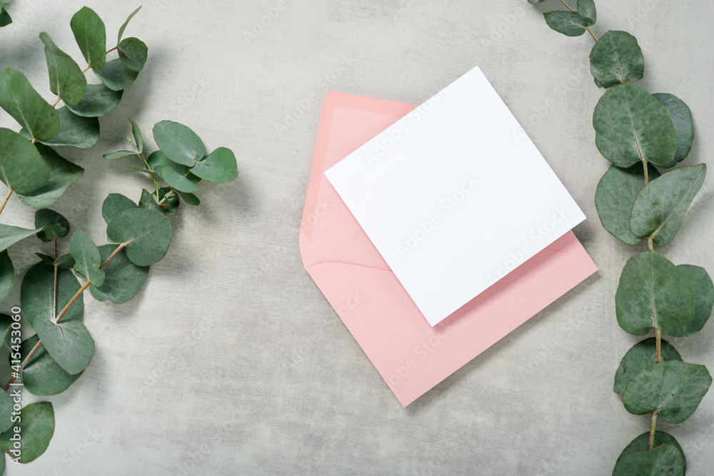Real photo. Pink envelope square invitation card mockup with a ...