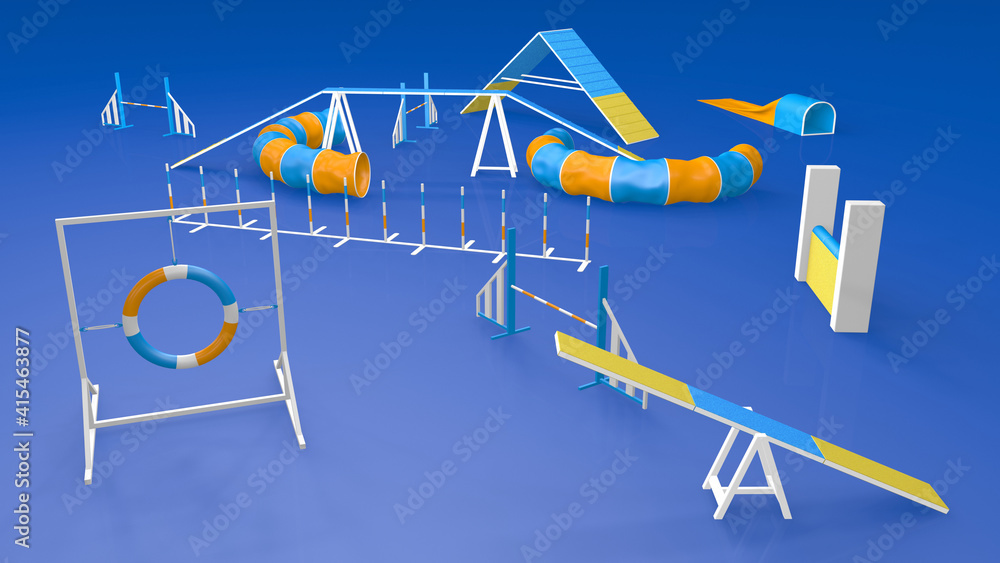 3D Illustration of a Canine Agility Dog Obstacle Course with Blue ...