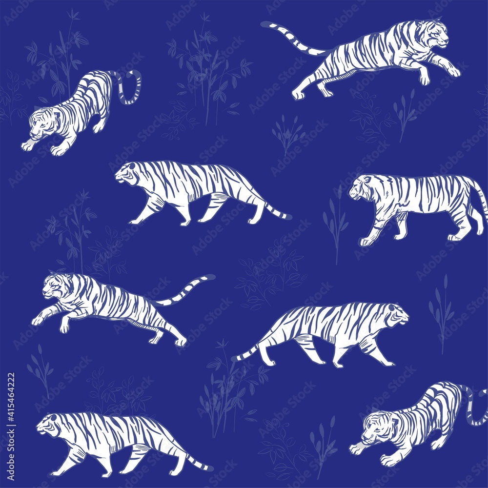 Semless pattern. Tiger jump, walking. Set of hand drawn vector skech ...