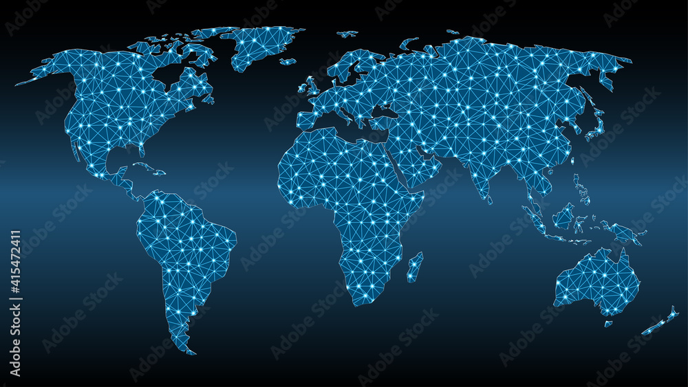 World map with triangular mesh and glowing dots Stock Vector | Adobe Stock