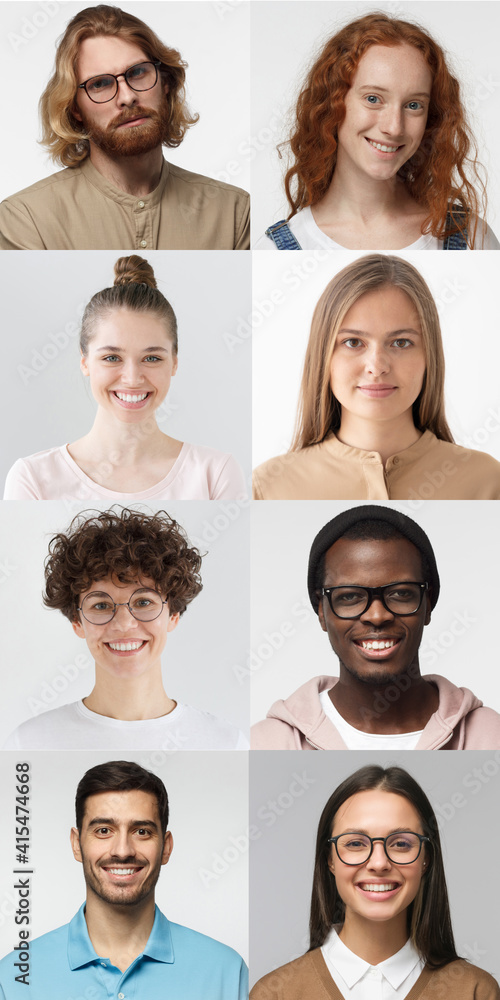 Collage of portraits and faces of multiracial group of various smiling ...