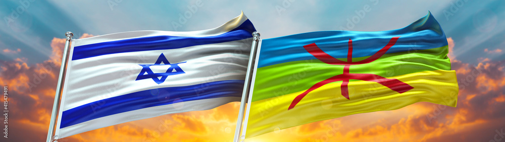 Israel Flag יִשְׂרָאֵל and Amazigh Kabyle flag waving with texture sky ...