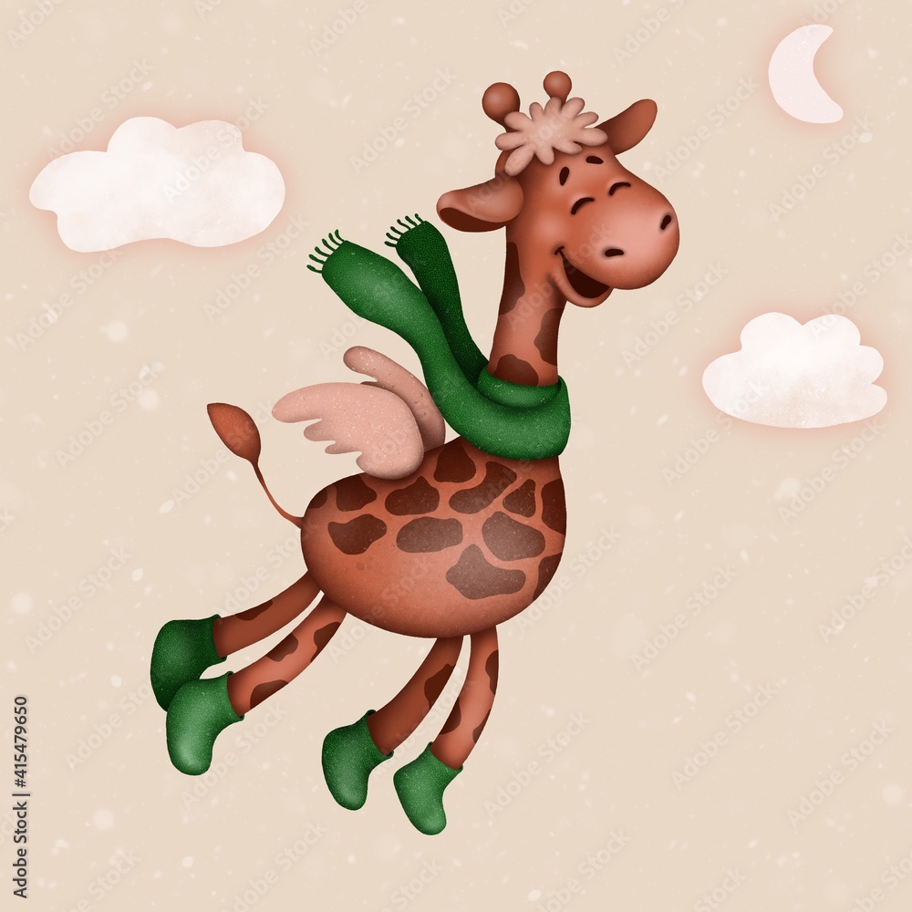 Flying giraffe in the clouds. Happy giraffe with wings. Hand drawn ...