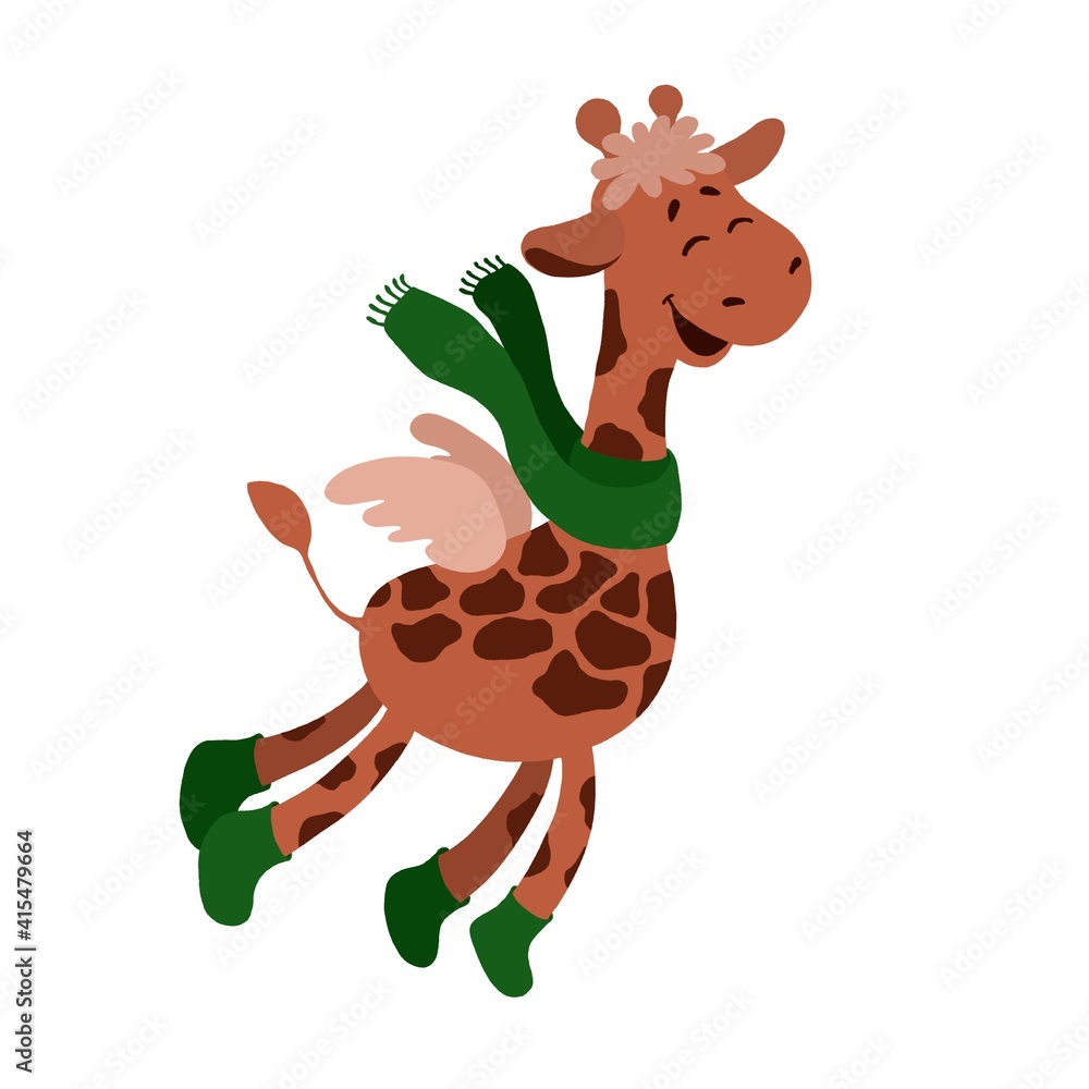 Flying giraffe in the clouds. Happy giraffe with wings. Hand drawn ...