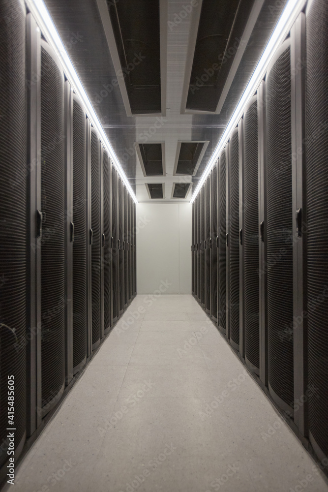 Graphic background image of server room hall with supercomputer in data ...