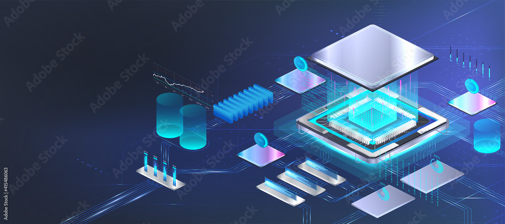 CPU microchip banner in isometric. Futuristic processor microchip with ...