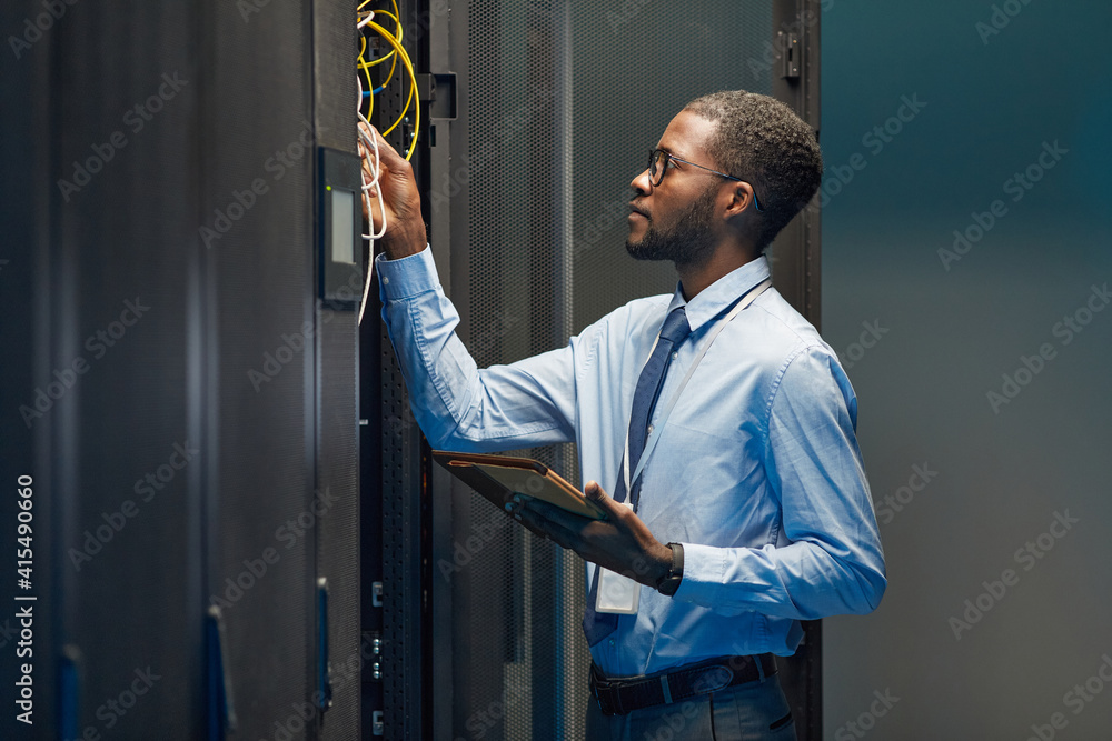 Graphic side view portrait of African American network engineer ...