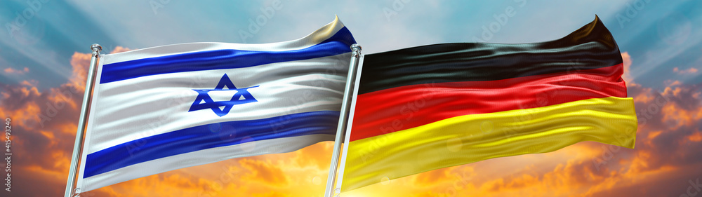 Israel Flag יִשְׂרָאֵל and Germany flag waving with texture sky Cloud ...