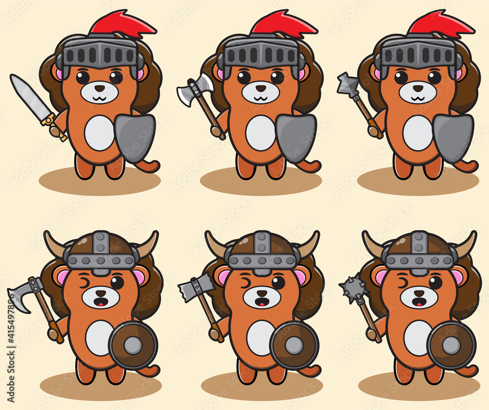 Vector illustration of cute Lion Knight cartoon. Cute Lion expression ...